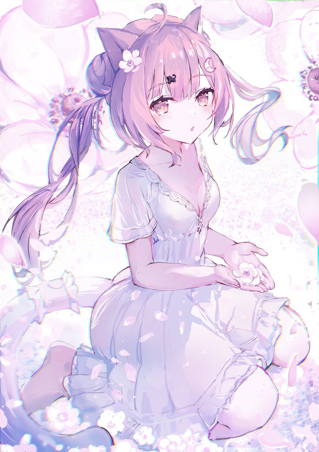 indie virtual youtuber munmosshu animal ears cleavage dress nekomimi no bra see through summer ...